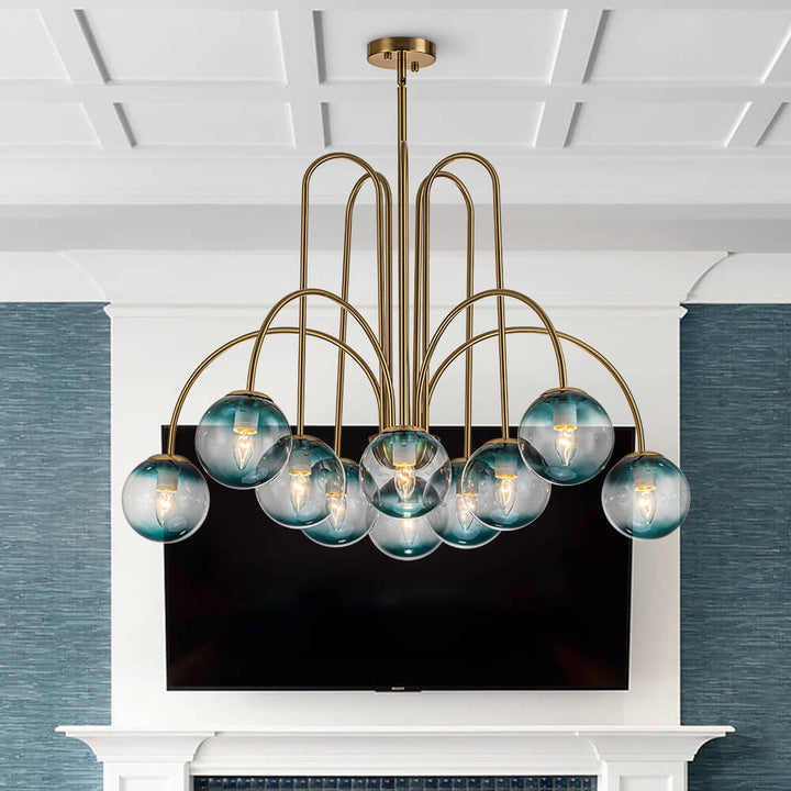 10-Light Glam Brass Gradient Blue Glass Globe Bubble Chandelier ...
