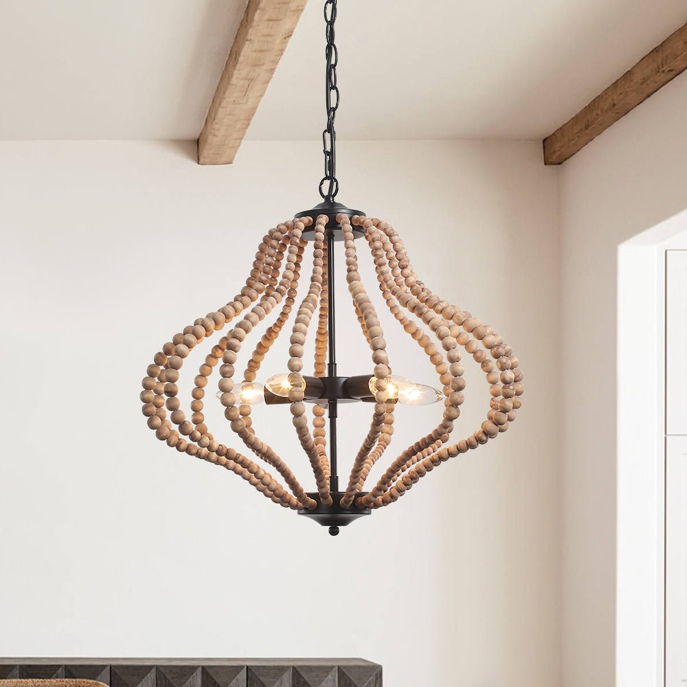 Boho Wood Beaded Antiqued Finish Lantern Pendant Lighting | yiilighting ...